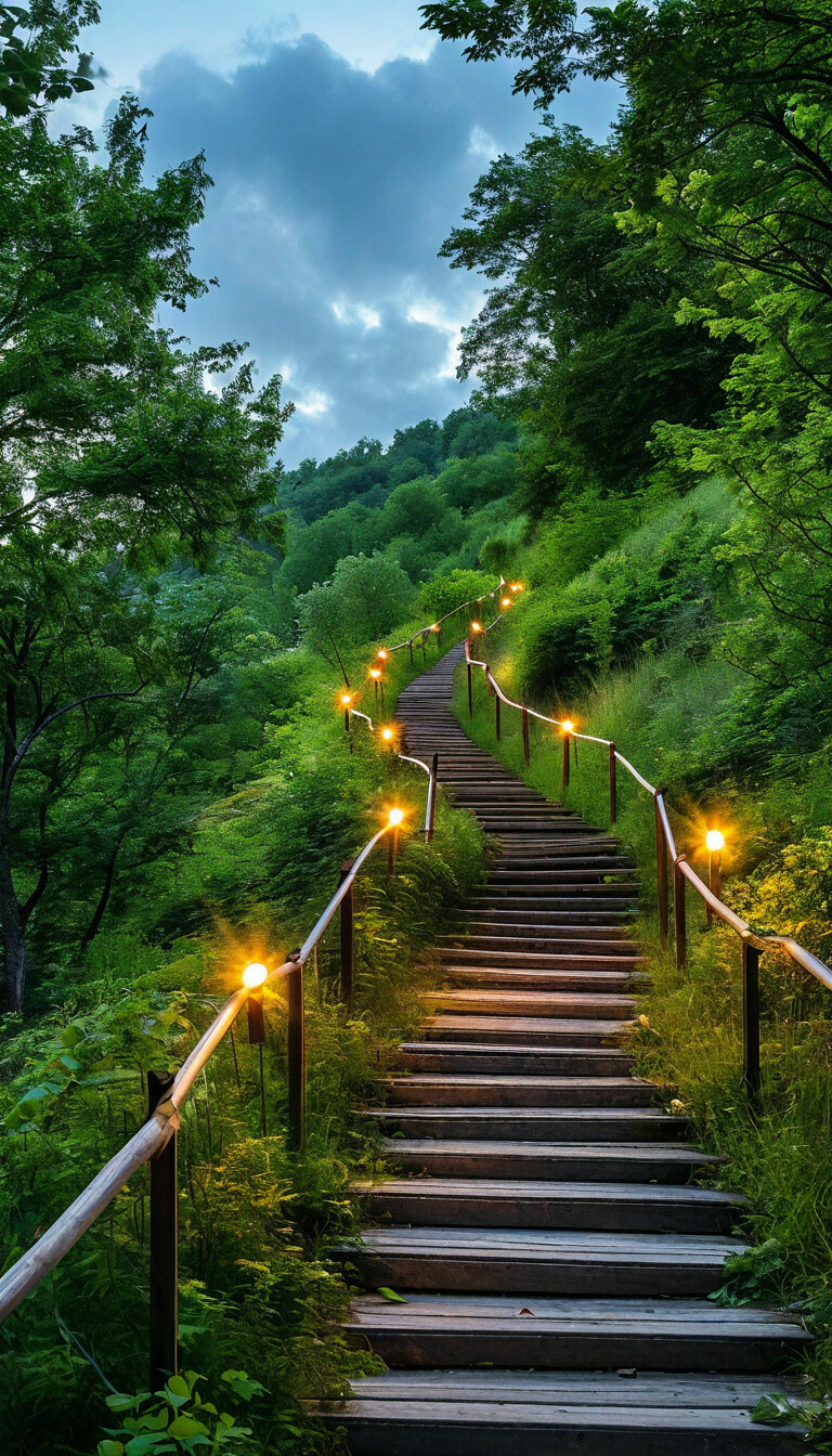 "Uphill stairs, lights on the railing, evening, beautiful summer nature ...
