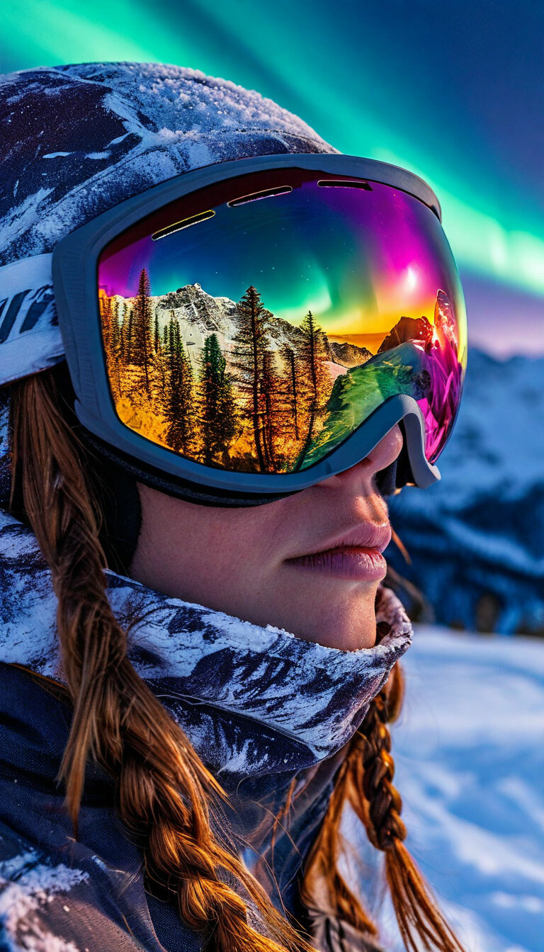 "Double exposure. In mirrored ski goggles, a beautiful northern ...