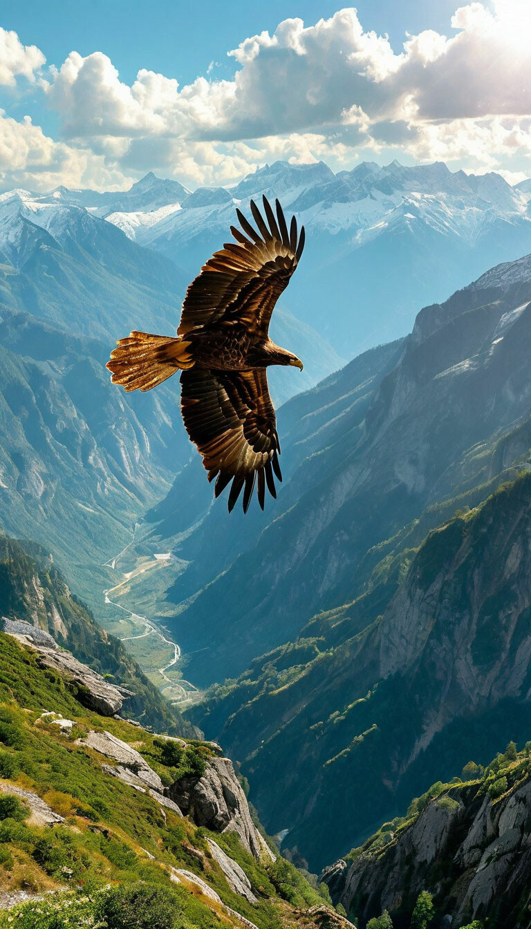 "The eagle flies high above the mountains of summer, valleys, high peaks of …" — image created ...
