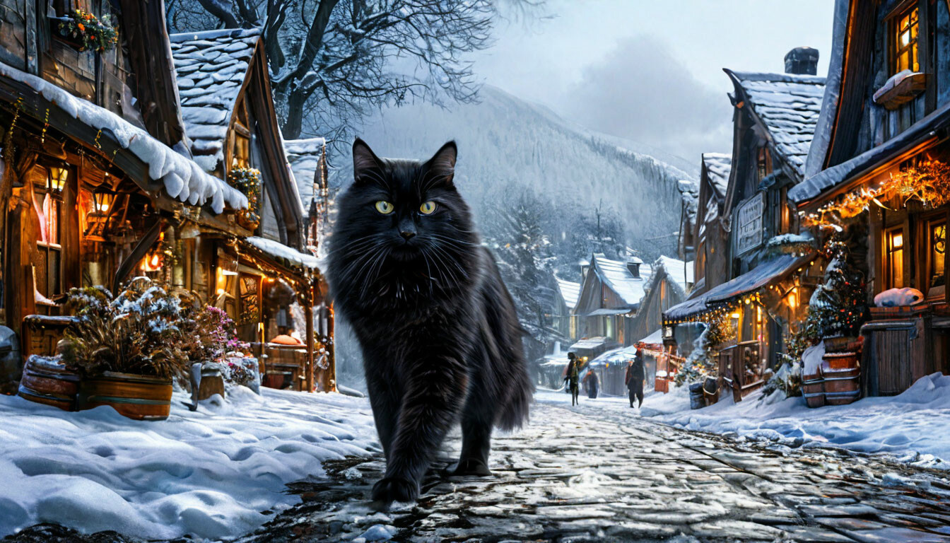 "A huge fabulous Yule black cat …" — image created in Shedevrum