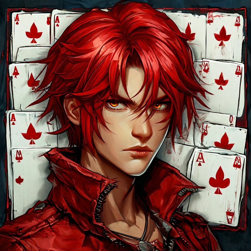 "Dante of 13 cards with red hair" — image created in Shedevrum
