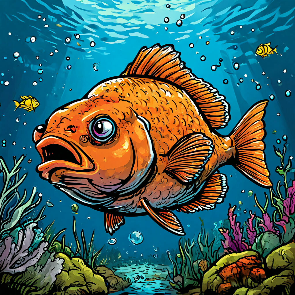 "The fish is a lump cartoon comic …" — image created in Shedevrum