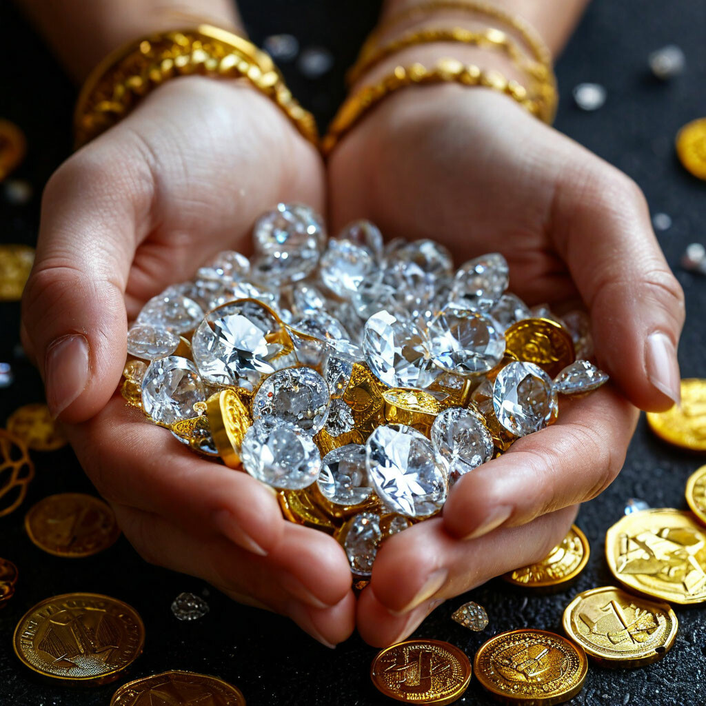 "Diamonds and gold coins in your hands" — image created in Shedevrum