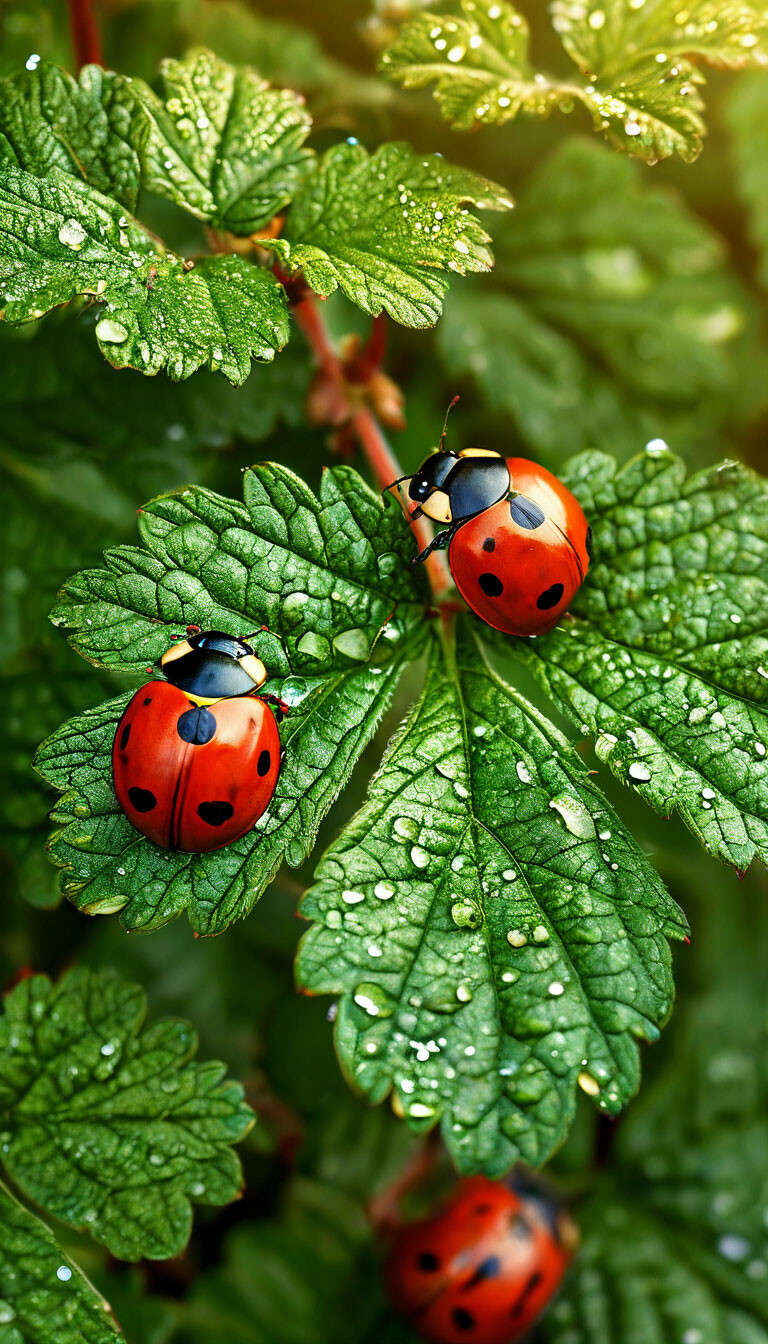 "Ornate currant leaves with convex veins, large well-fed happy ladybugs sit …" — image created ...