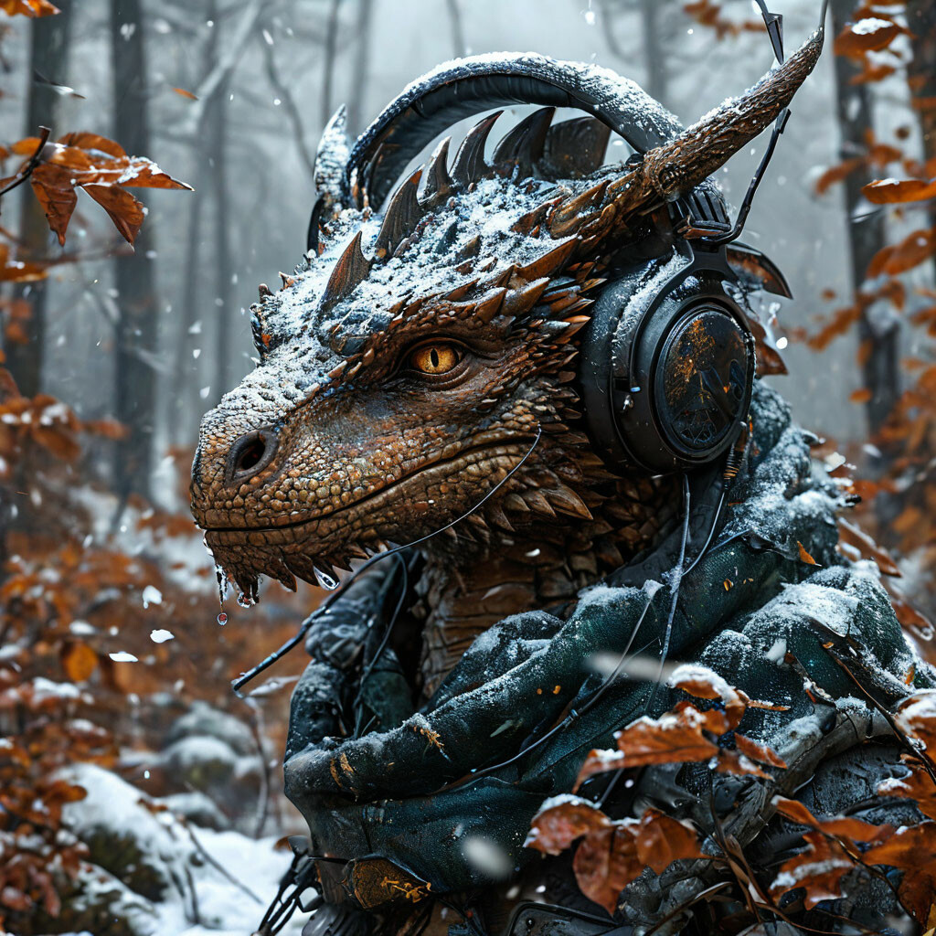 "A metalhead dragon wearing headphones in the middle of the foliage, is ...