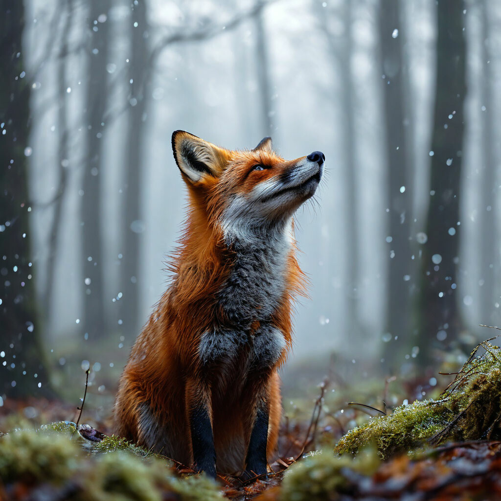 A fox yawns, sits, thick fog clouds Haze mist cobweb dew close-up ...