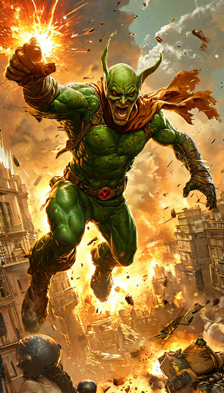 "Green Goblin, marvel, flies on a glider, shoots a cannon and throws a ...