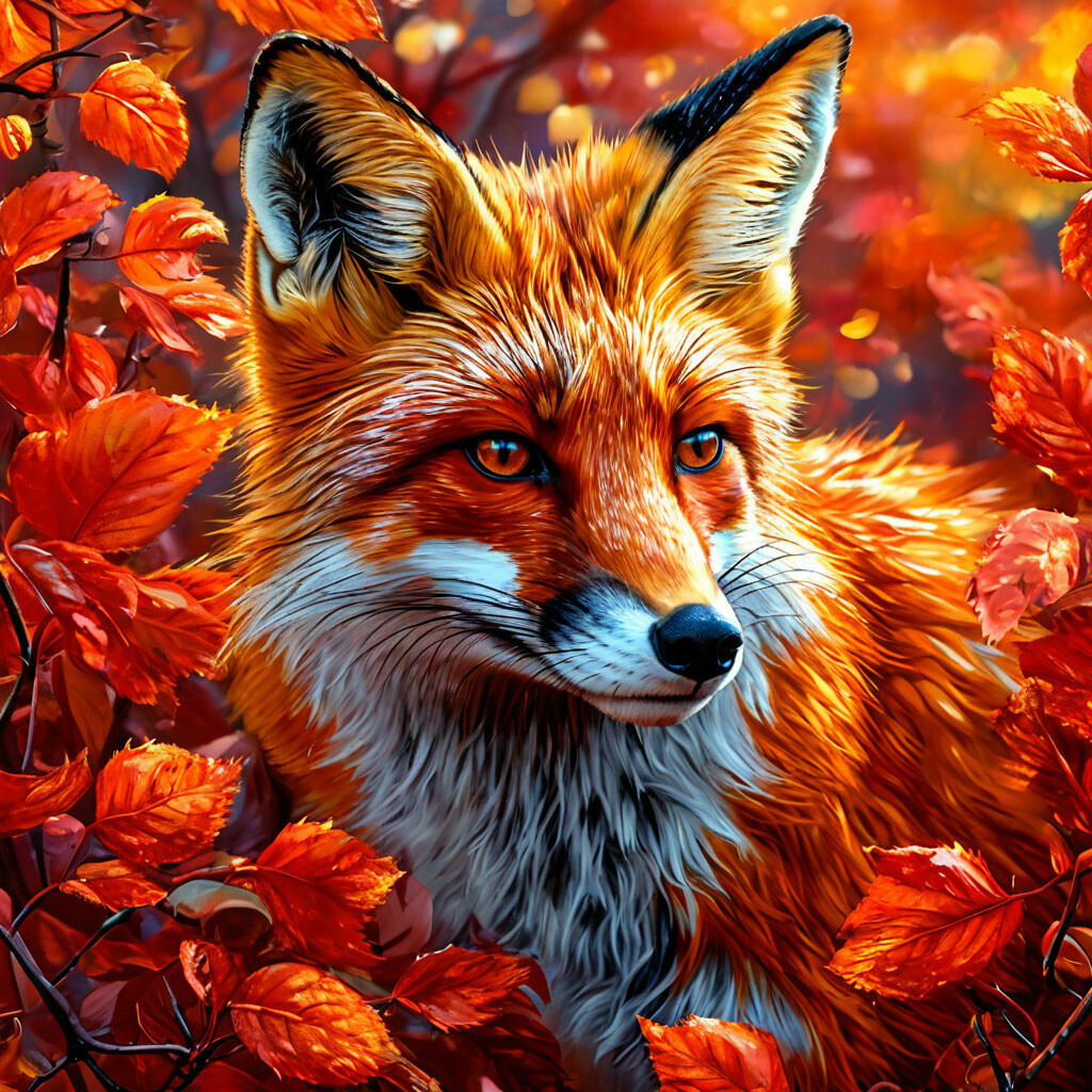 "A bright red fox hides in bushes with…" — image created in Shedevrum