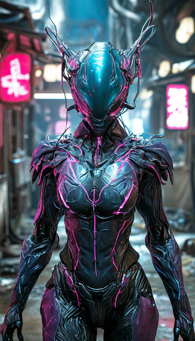 "Warframe A female tenno, covered in …" — image created in Shedevrum