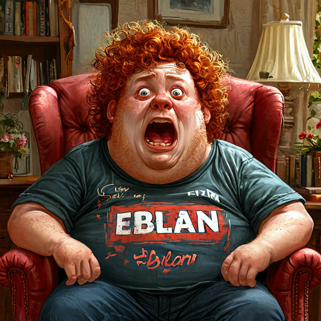 "A fat, fat, red-haired, curly-haired man is sitting in an armchair in ...
