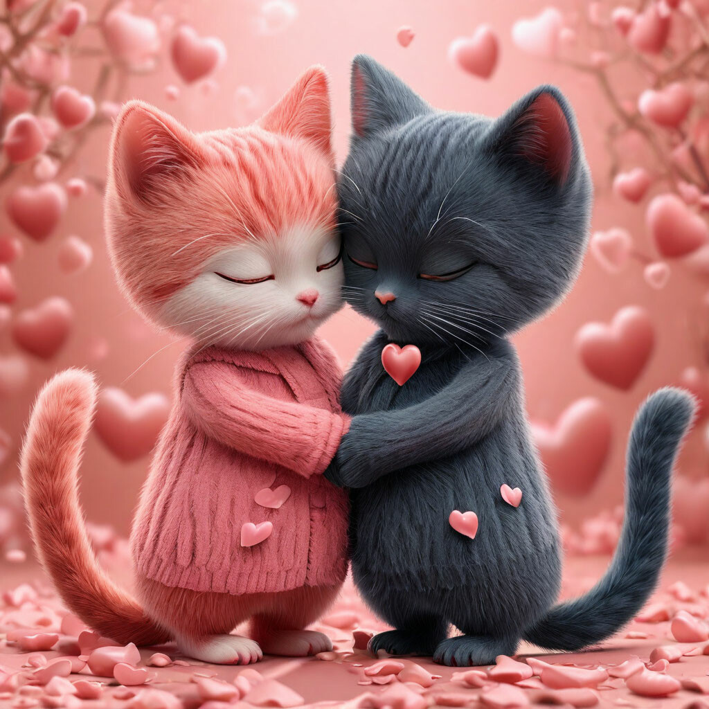 "Cute chibi cats hug and kiss in 3d,…" — image created in Shedevrum
