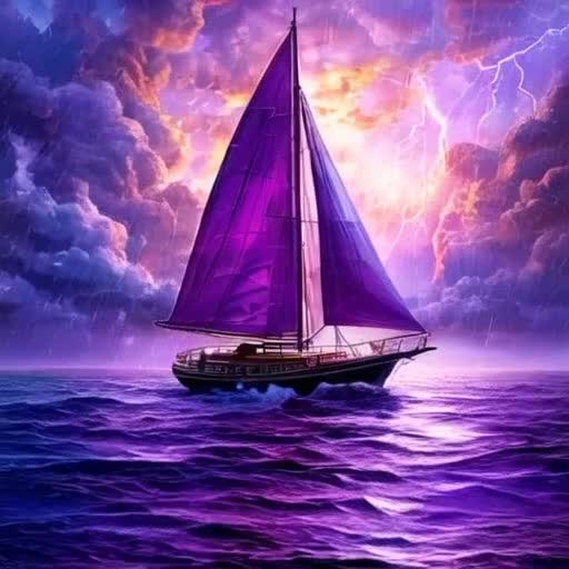 «There is a sailboat with purple sails in the glass, a beautiful ...