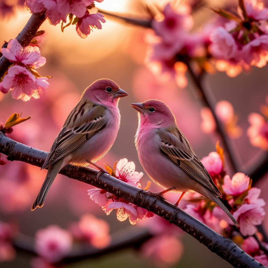 "Professional photography, two birds on the branches of a blooming ...