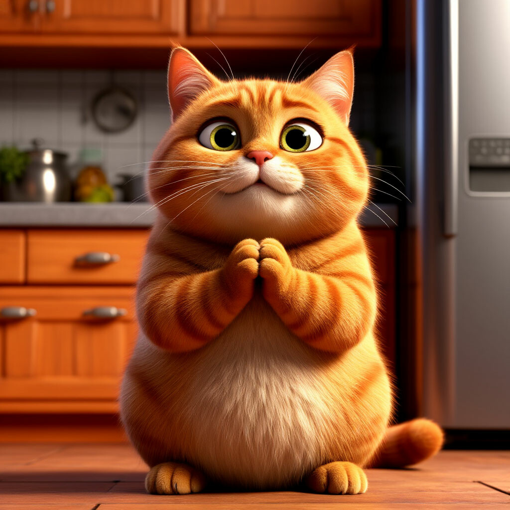 "A fat cat begs to be fed, tears in his eyes, paws folded in a plea for ...