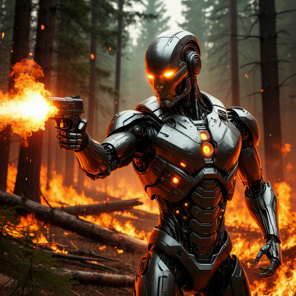 "A cyborg man shoots fire from his hand, in the background is a forest ...