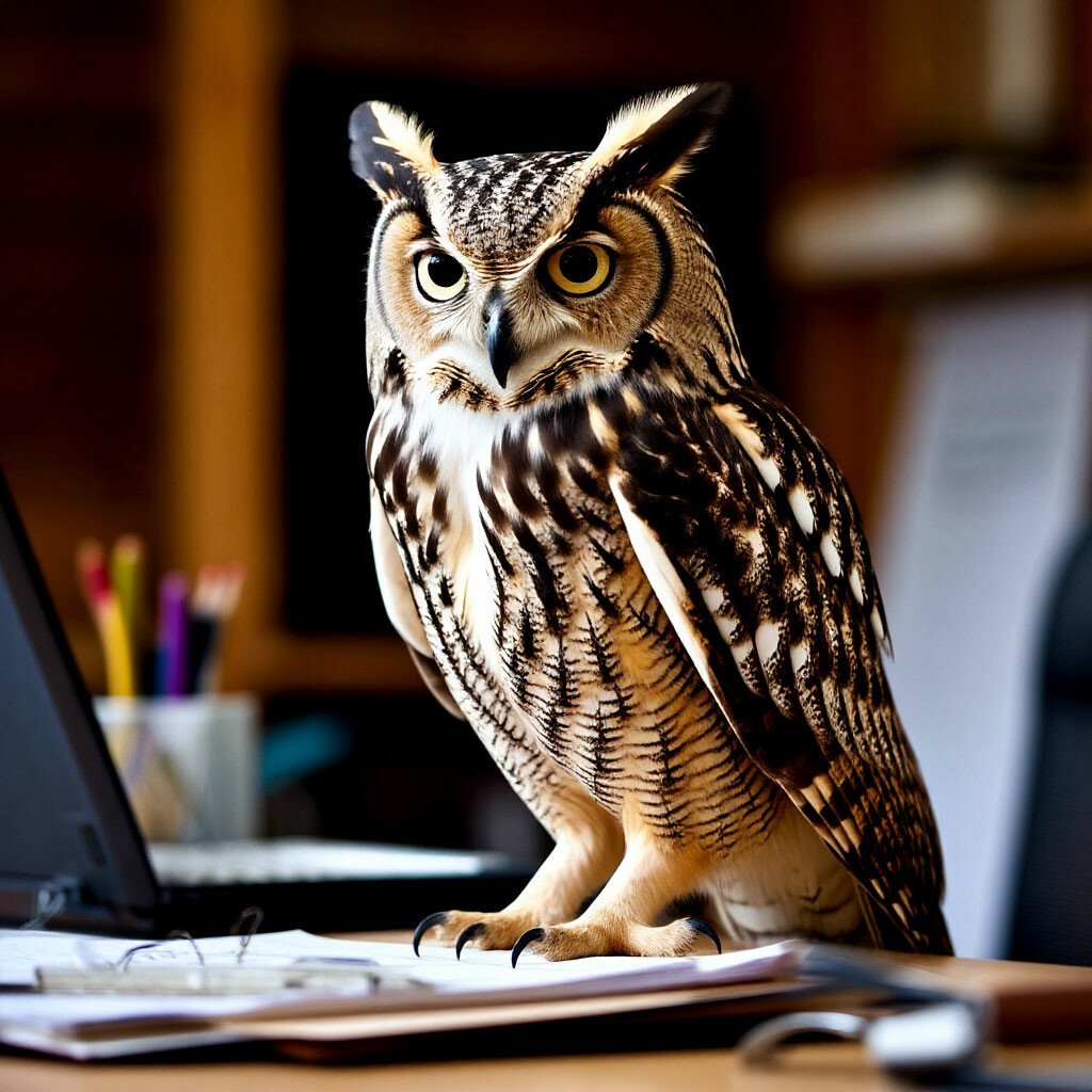 "Owl at work" — image created in Shedevrum