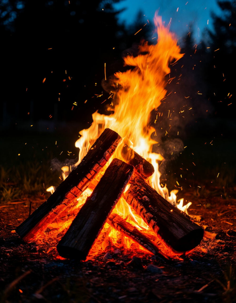 "Bonfire burning, night, aesthetic, beautiful, realistic, professional ...