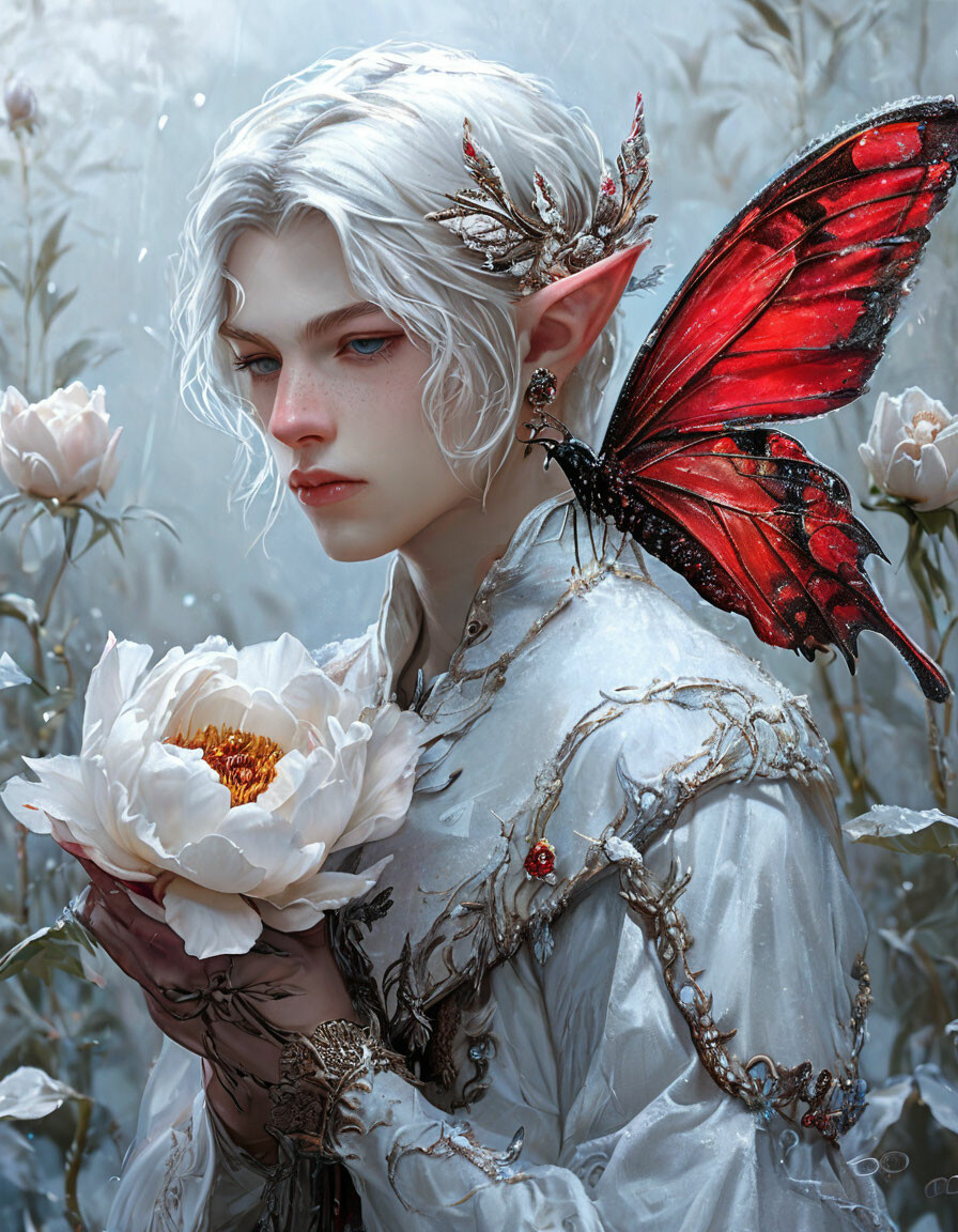 "A ruby butterfly sits on a white ice …" — image created in Shedevrum