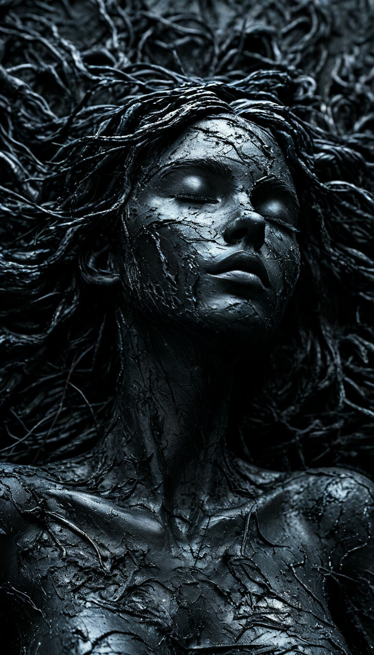 "A beautiful burnt-out female figure …" — image created in Shedevrum