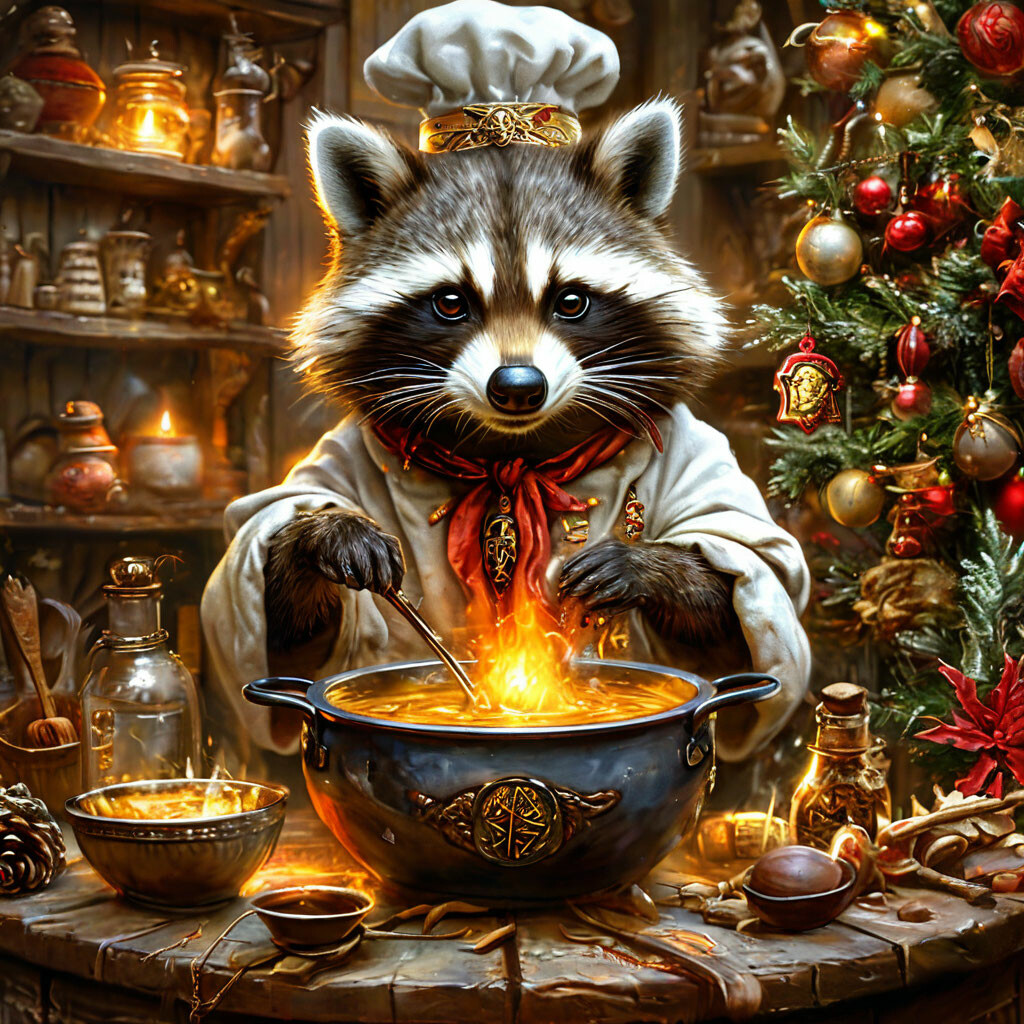 "Cook raccoon cooks soup, stirs soup …" — image created in Shedevrum