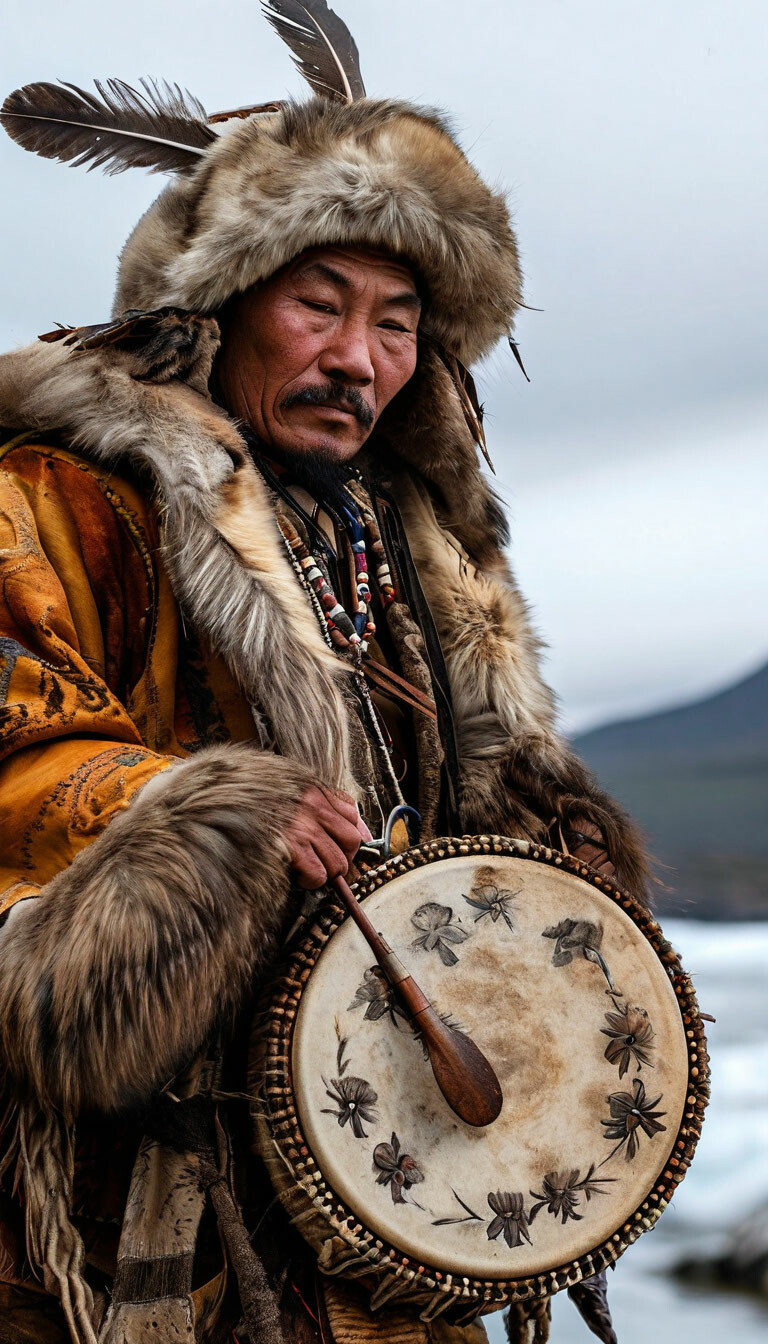 "A Chukchi shaman beats a tambourine" — image created in Shedevrum