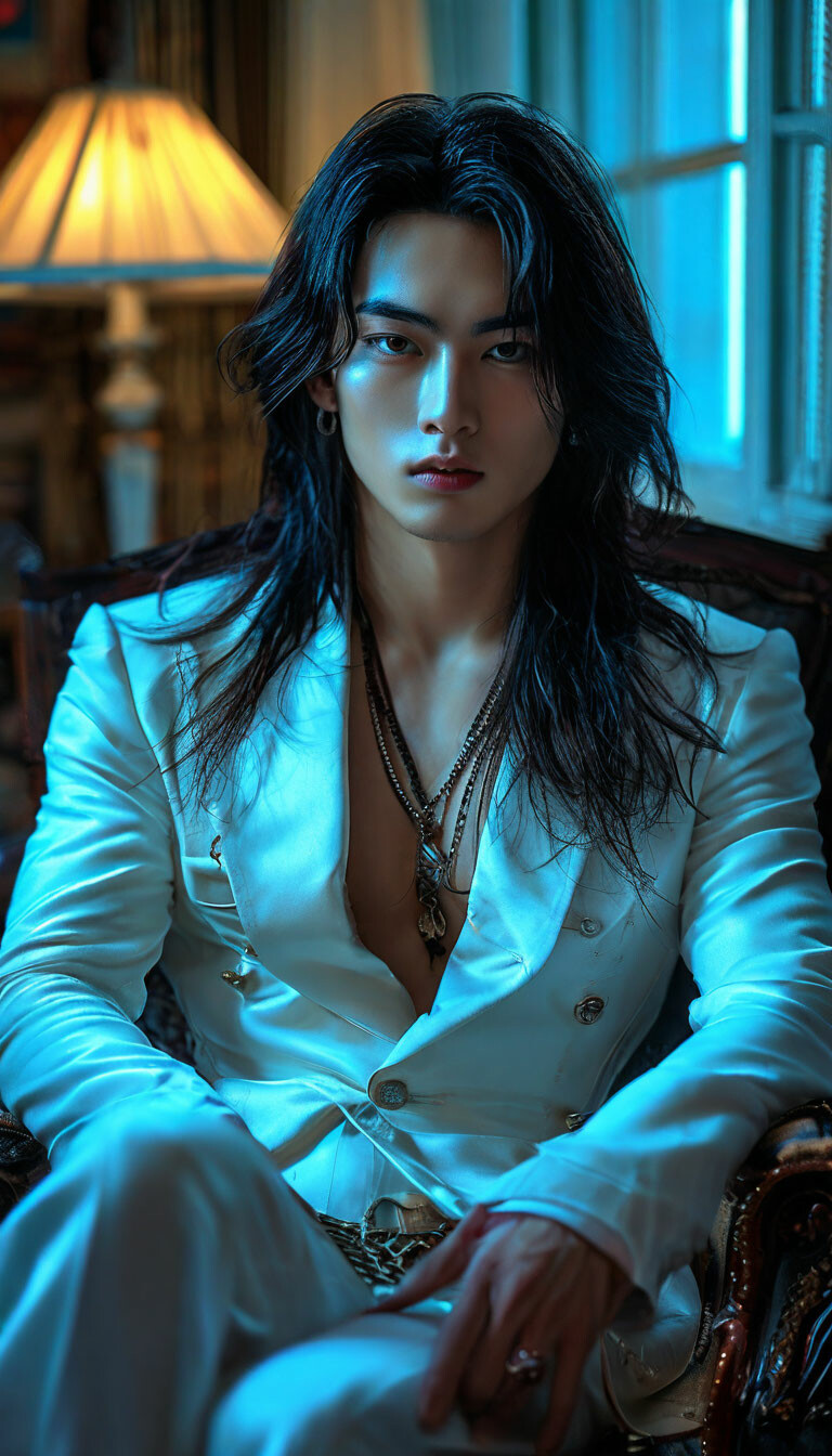 it's night, the room is dim, neon…" — image created in Shedevrum