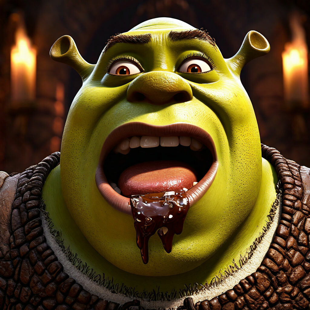 «Поток шоколада из рта Шрека» — картинка создана в Шедевруме