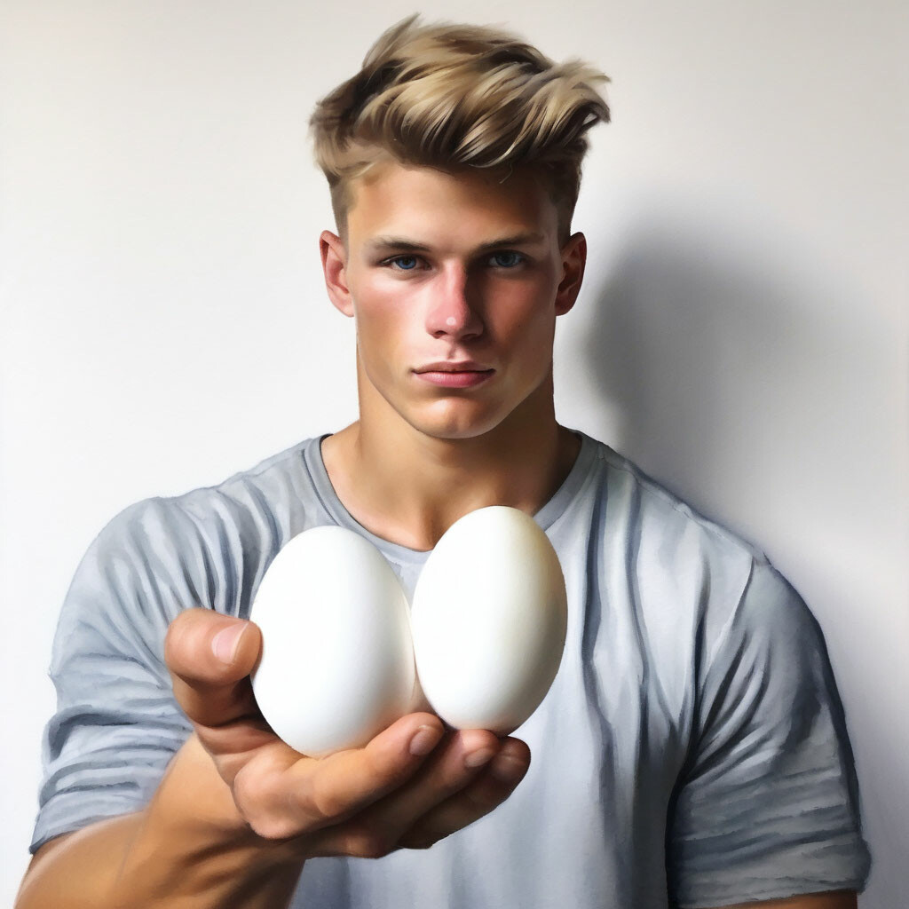 "22 Y.O. David Cihacek n-ude hands me a pair of white chicken eggs ...