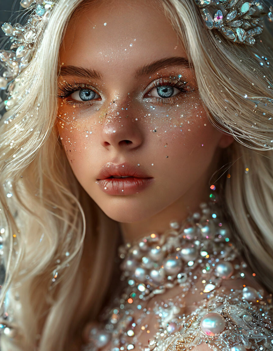 "Blonde girl, long snow-white hair, bright sparkling eyes, hyper-long ...