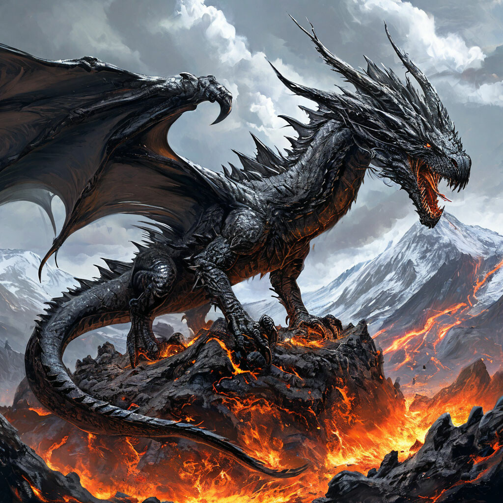 "A black powerful dragon over a volcano" — image created in Shedevrum