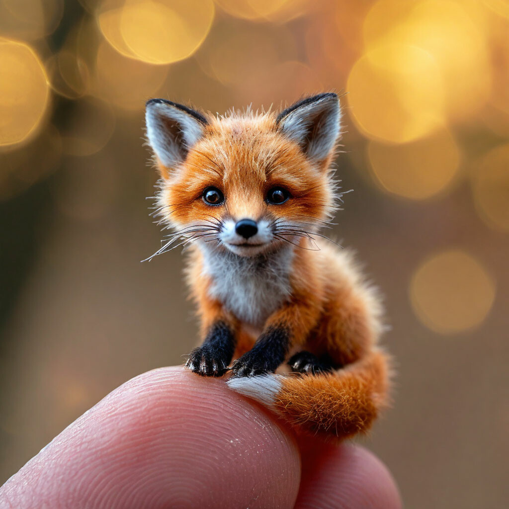"A fluffy fox cub in miniature on the tip of your finger, a micro-micro ...