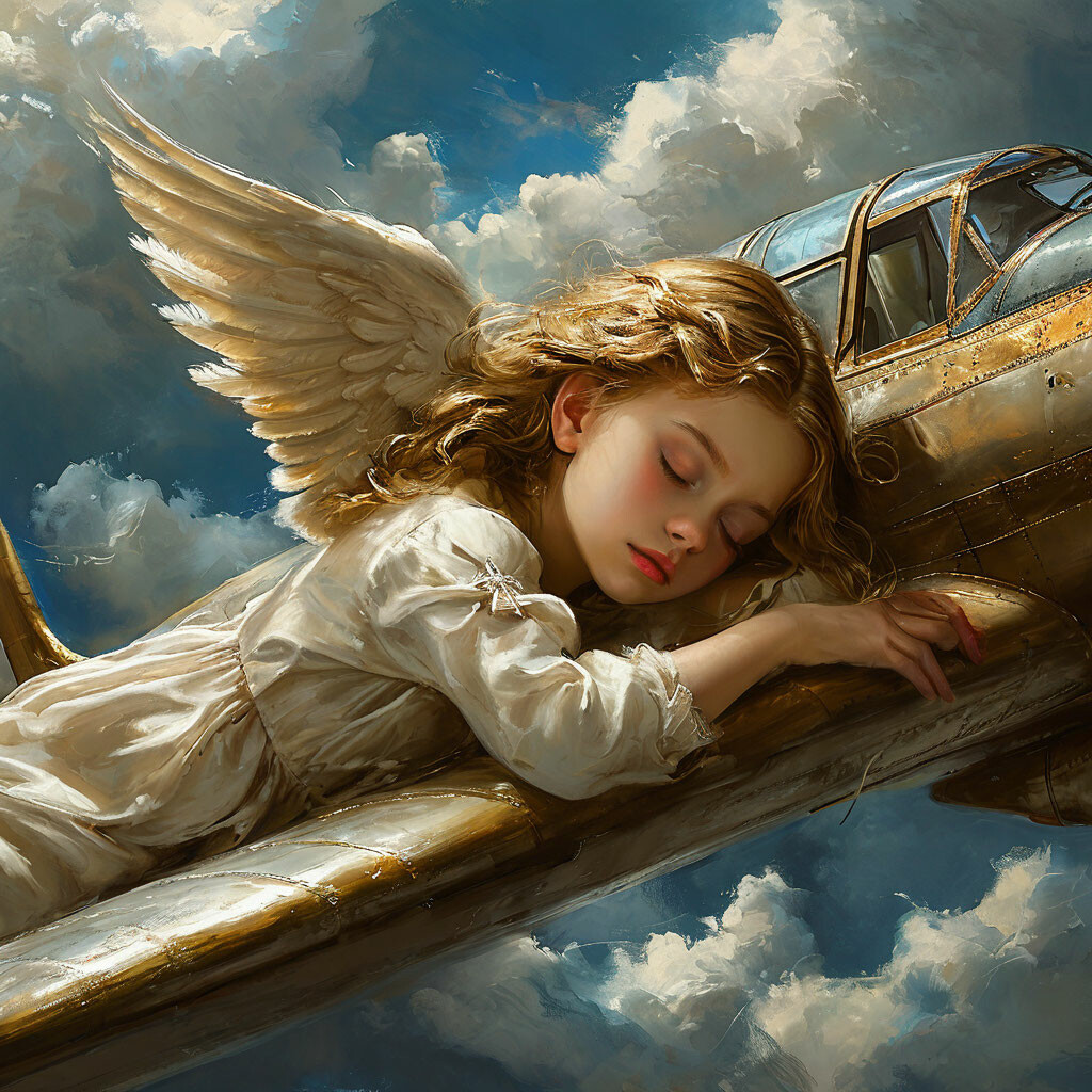 "Angel sleeps on a big plane" — image created in Shedevrum