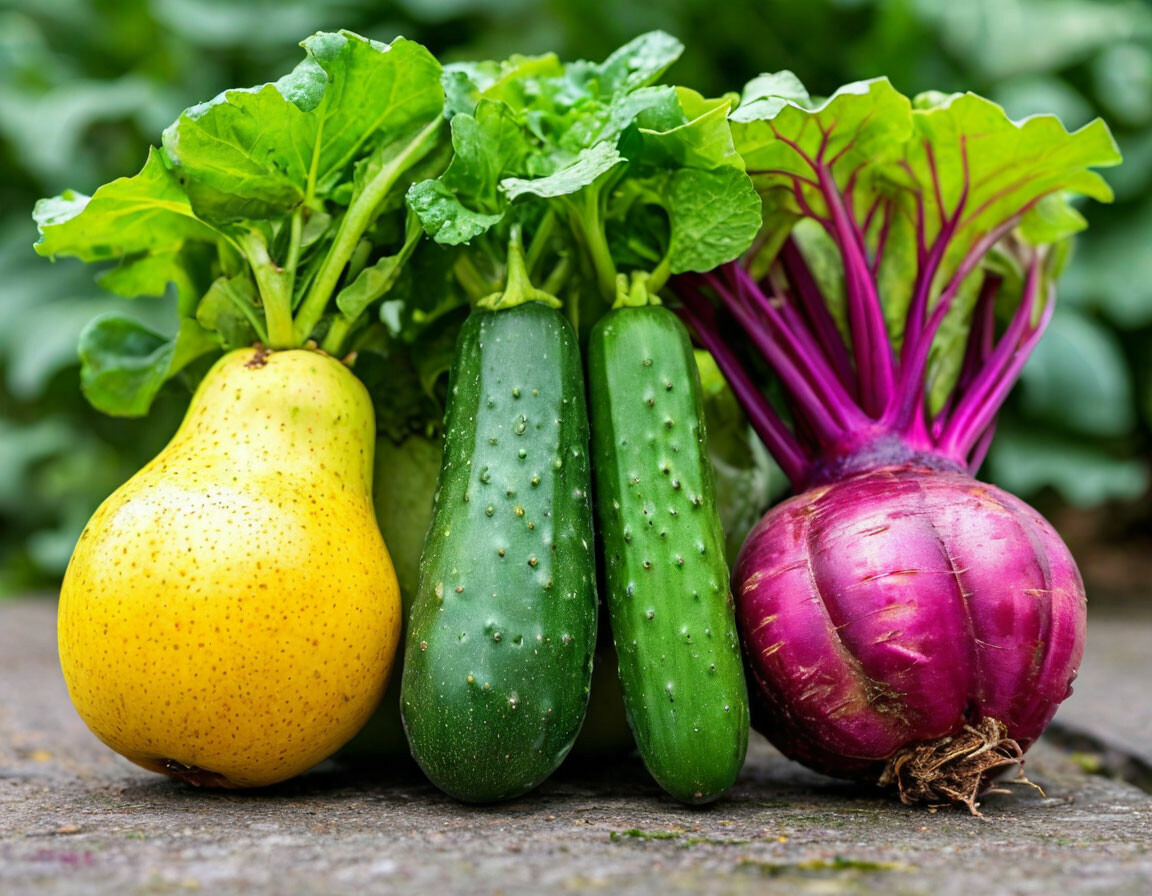 "Three pictograms : pear, cucumber, …" — image created in Shedevrum