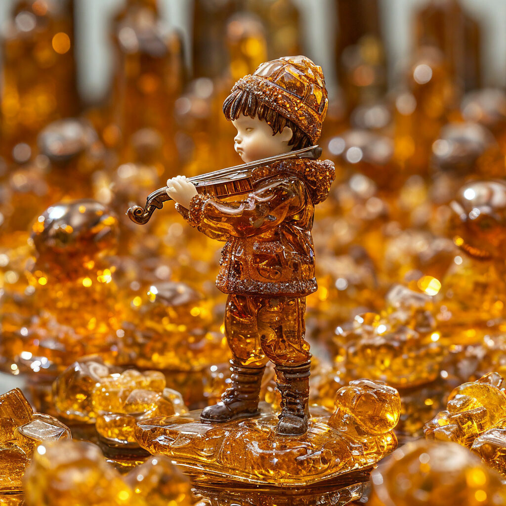 "Made entirely of amber transparent resin, a figurine of a boy playing ...