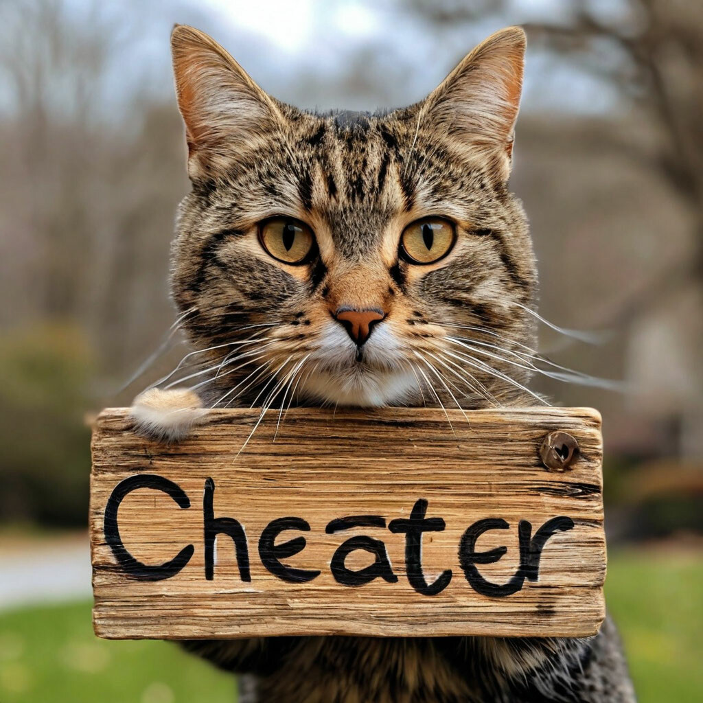 "A cat with a sign that says Cheater" — image created in Shedevrum