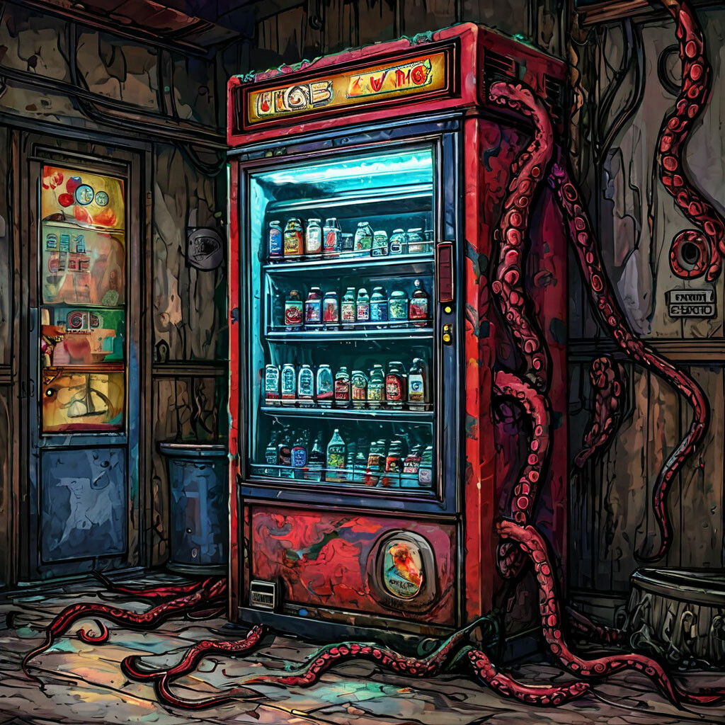 "Scary vending machine with water and …" — image created in Shedevrum