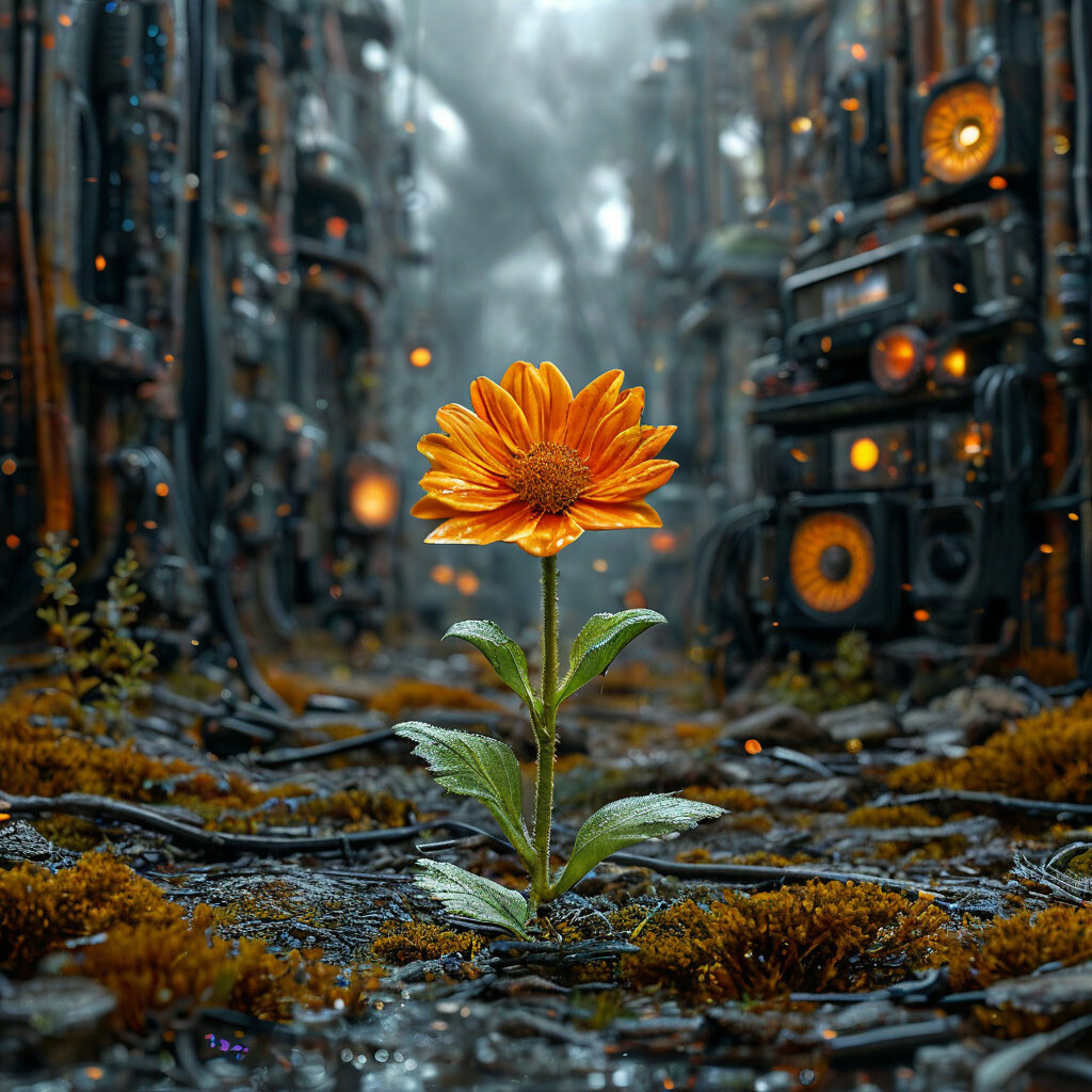 "A small bright flower against the background of the post-apocalyptic ...