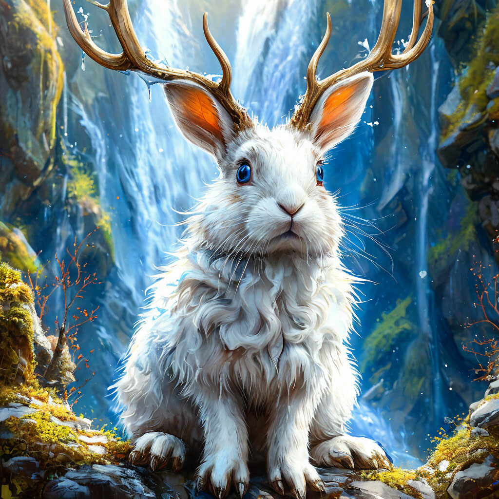 "A mythical fluffy white rabbit with the branching antlers of a deer ...