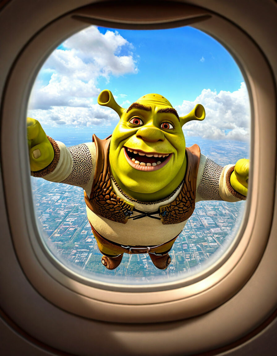 "Shrek is flying in an airplane near …" — image created in Shedevrum