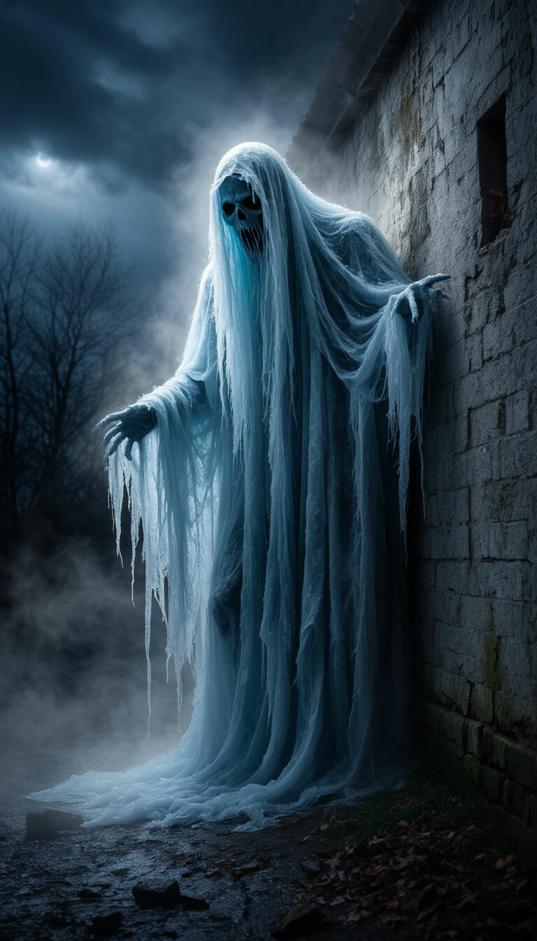 "Ice ghost coming out of the wall, night, heavy fog" — image created in ...