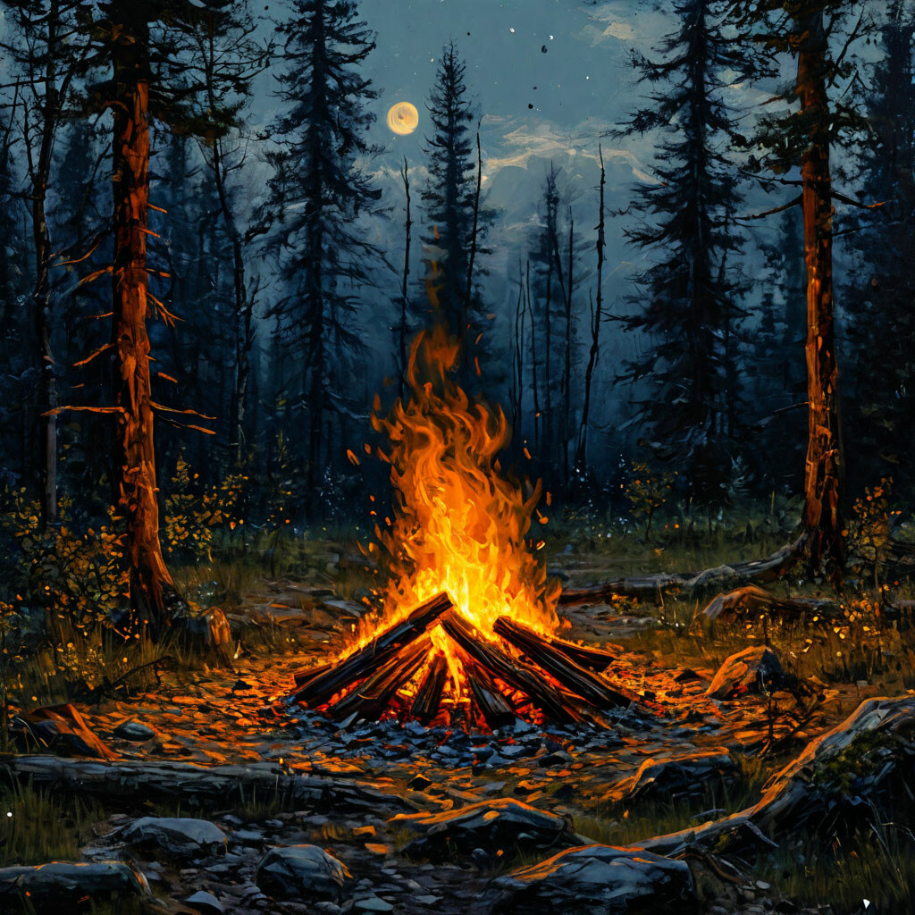 "A campfire in the dark nearby." — image created in Shedevrum