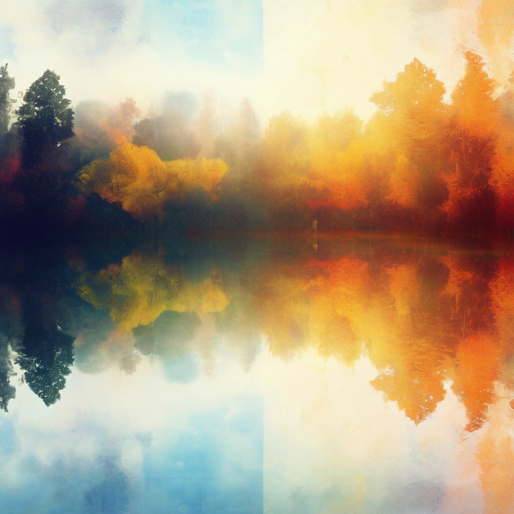 ". double overlay two photos, one half spring, the other half autumn ...