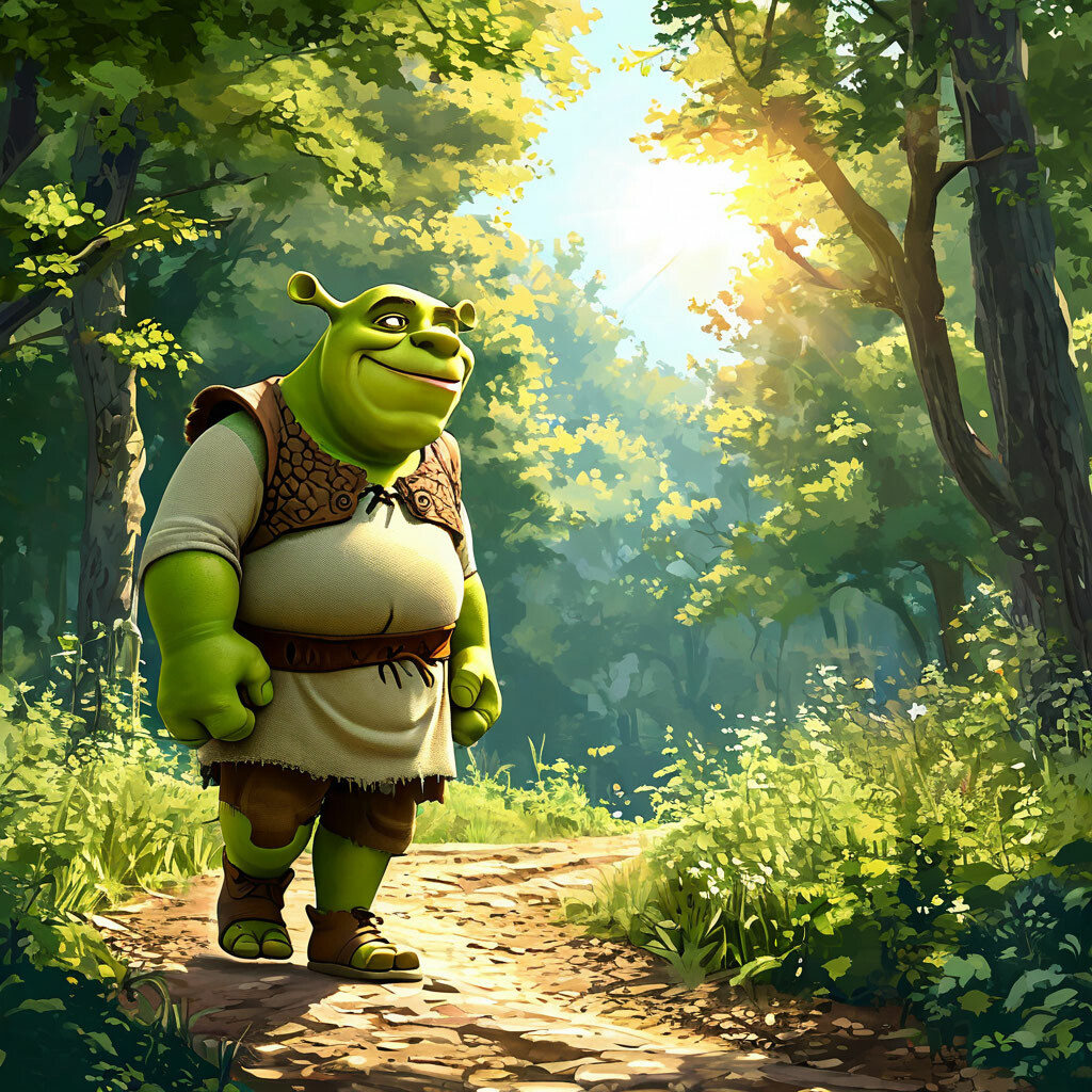 "Shrek walks along a forest path, day, in the shade of trees, the sun ...