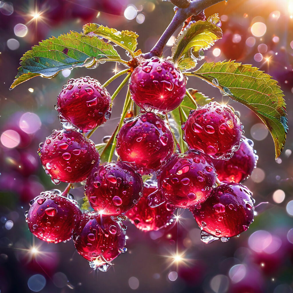 "On the branch, crystal transparent ruby cherries sparkle with diamonds ...