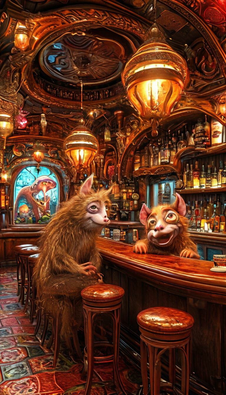 "Nif-nif and naf-faf, sitting in a bar, otherworldly fantasy world, 4d ...