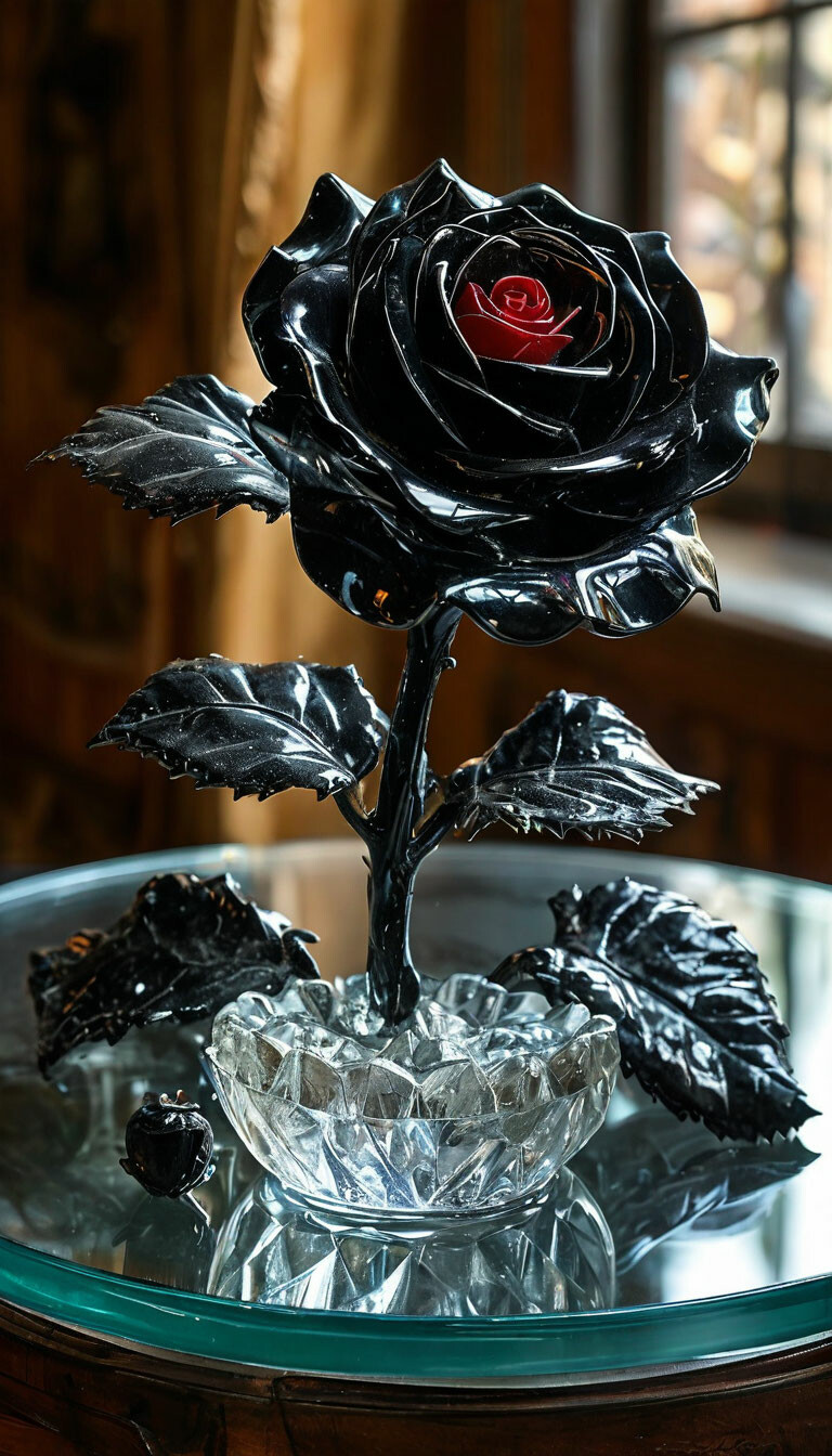 "There is a black crystal rose on the glass table" — image created in ...
