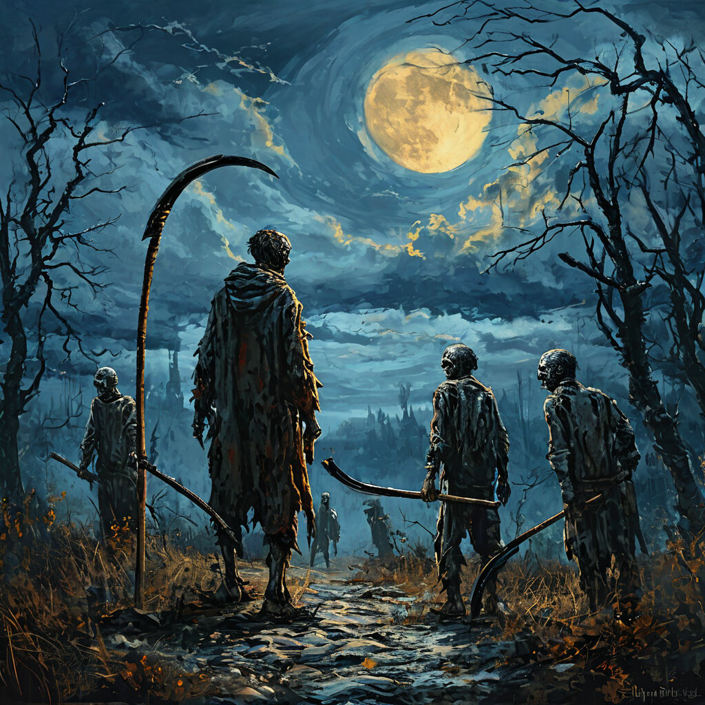 "Night, silence and zombies with scythes are standing" — image created ...