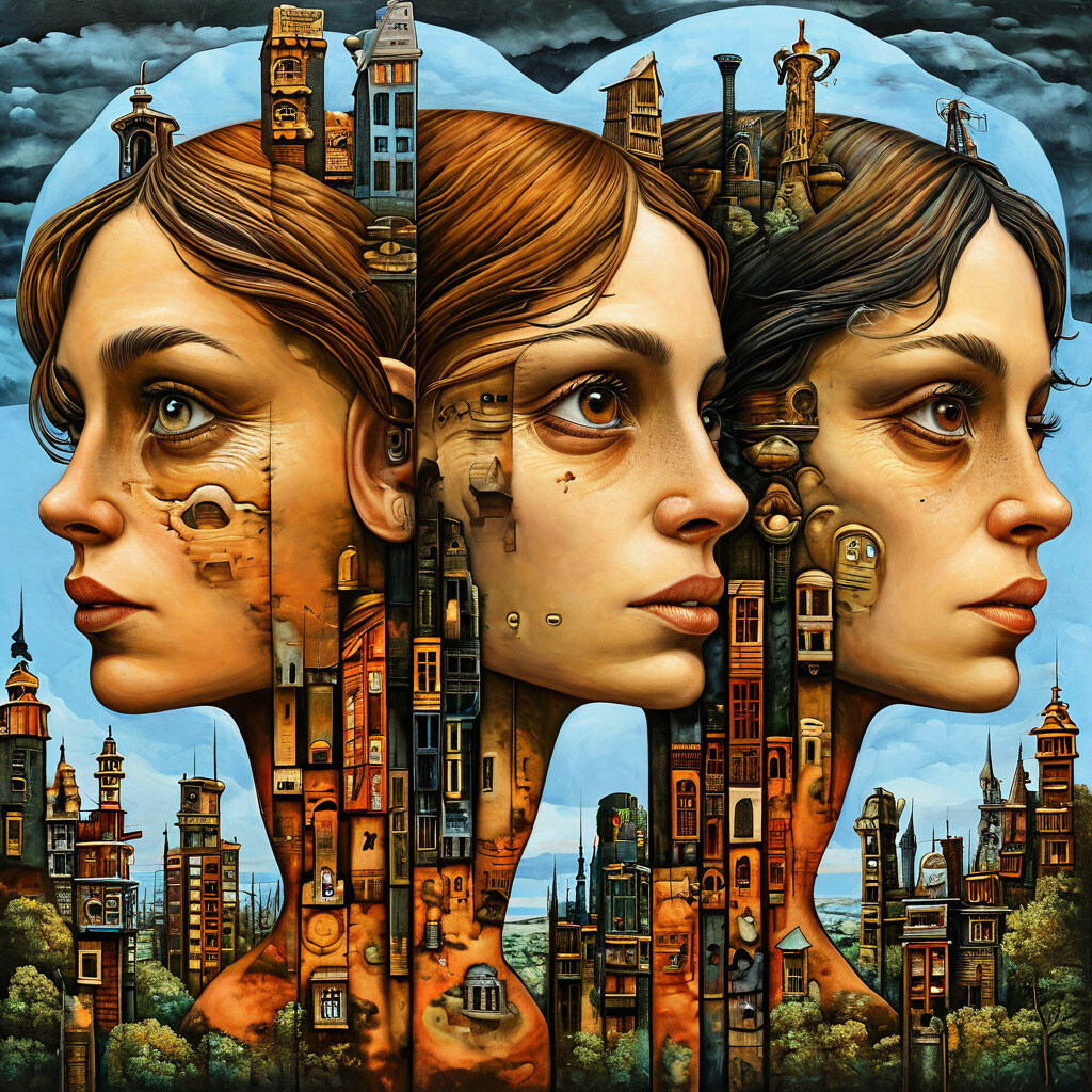 "Portrait, layering of three faces of different people in profile in ...