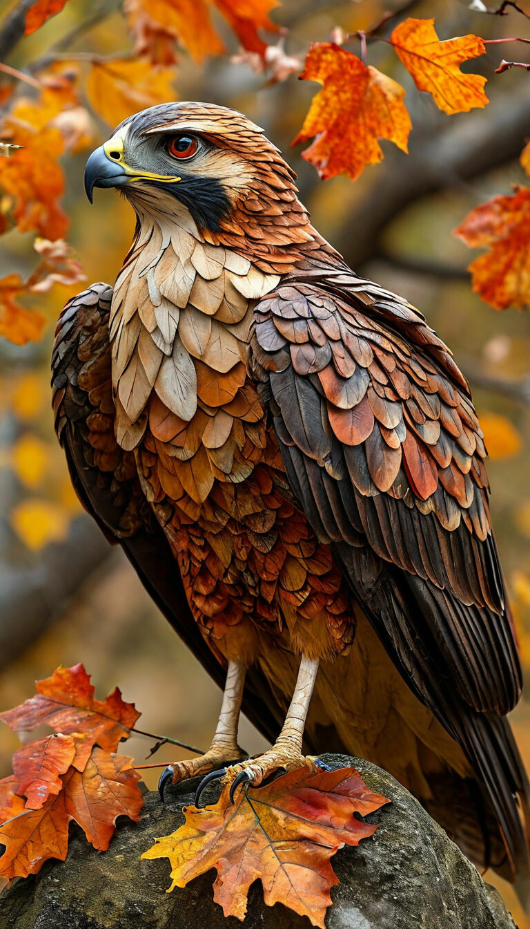 "Sculpture of autumn leaves, a hawk." — image created in Shedevrum