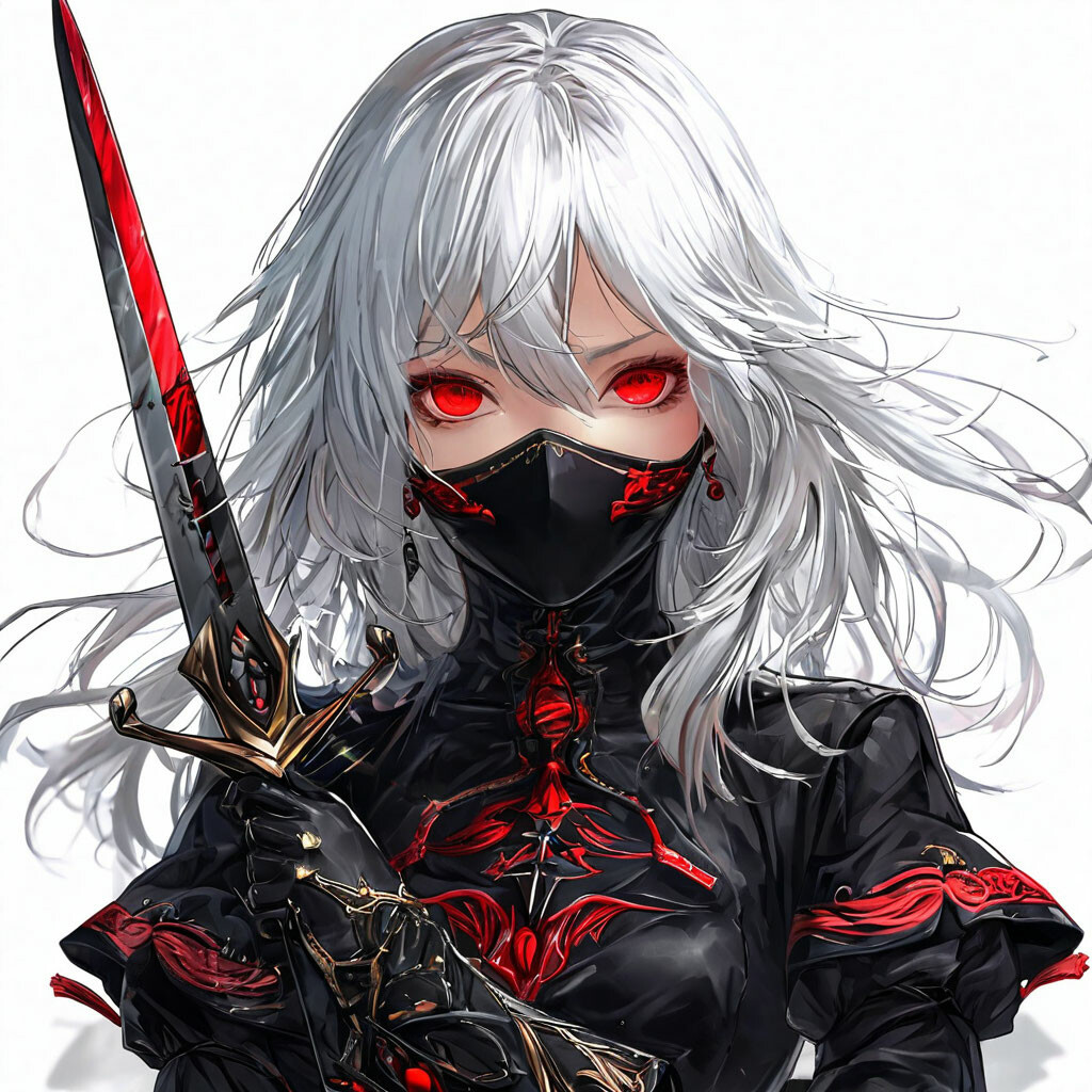 "Anime girl with a dagger all in black and red, white hair, red eyes ...
